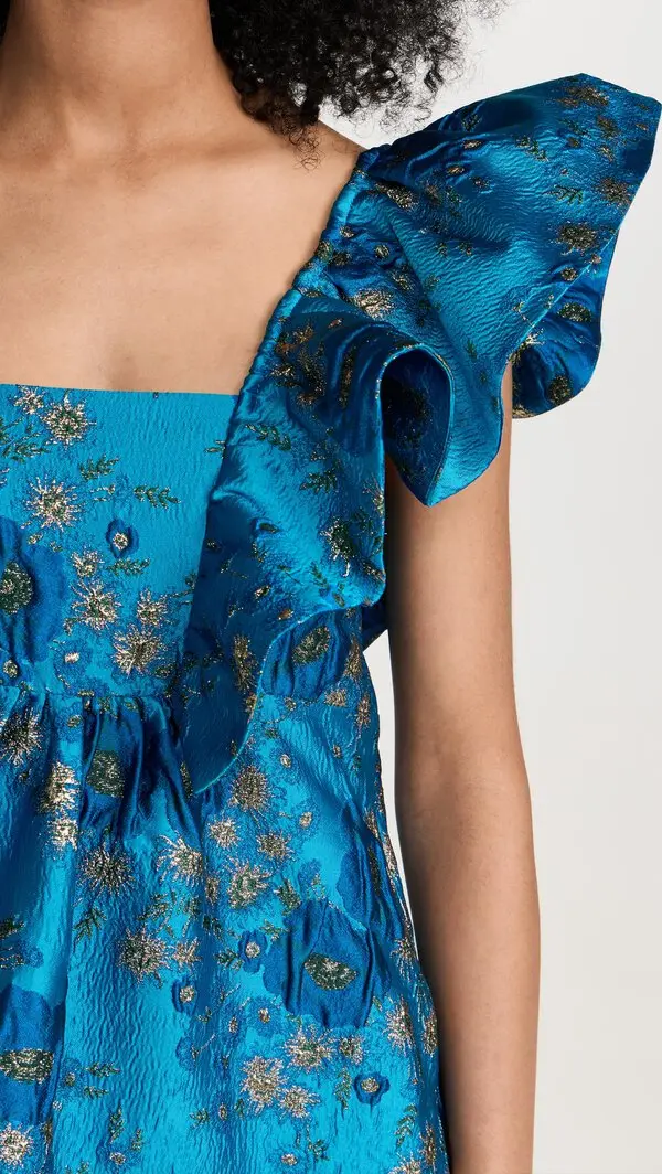 Ganni 3d Jacquard Ruffle Midi Dress In Brilliant Blue - 40% Off